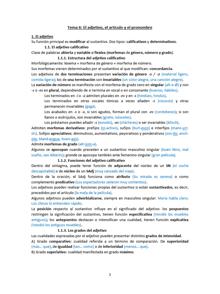 Adjetivos: Tipos, Funciones y Grados | PDF | Adjetivo | Género gramatical