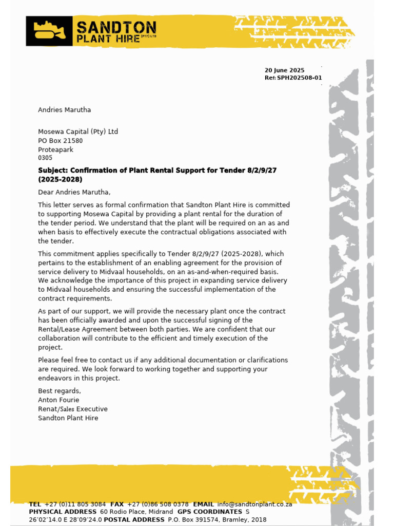 Sandton Plant Hire Agreement Confirmation | PDF