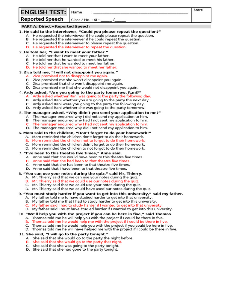 Reported Speech Practice Exercises | PDF