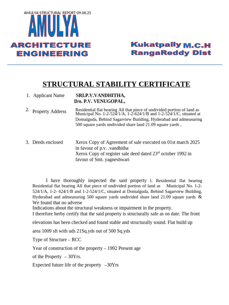 Structural Stability Certificate for Hyderabad Flat | PDF