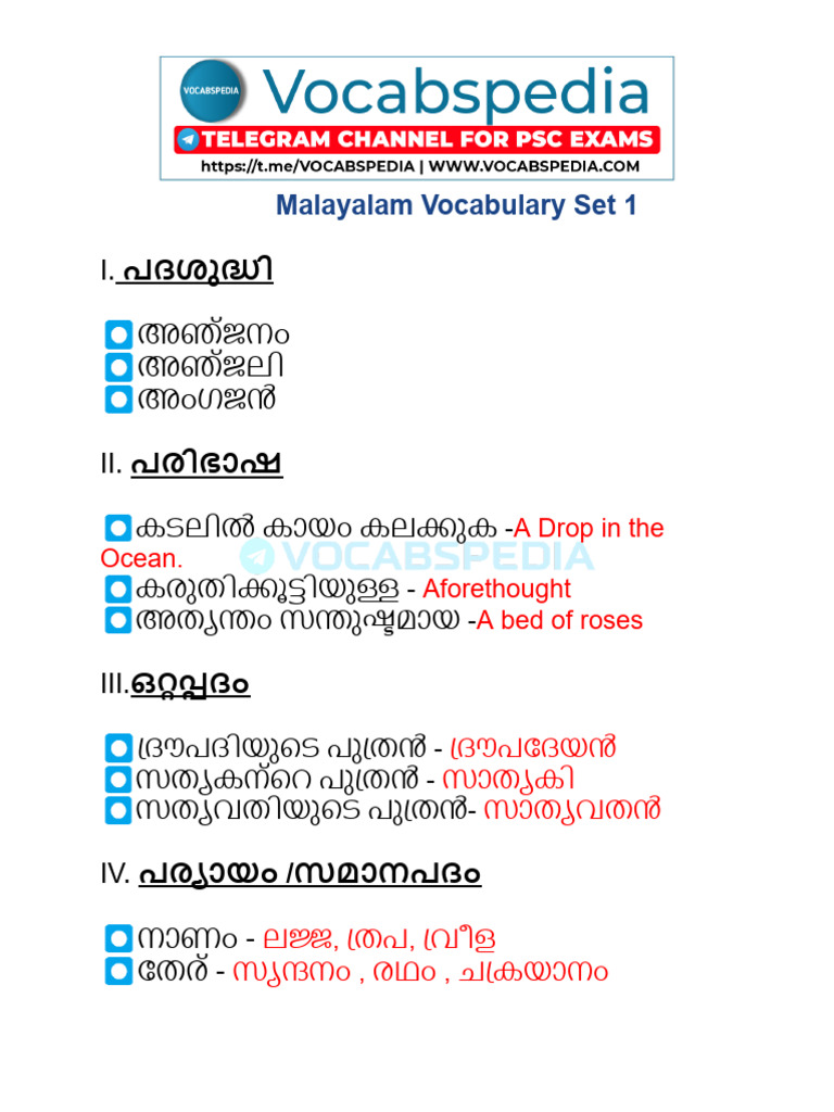 New MALAYALAM VOCABULARY SET 1 | PDF