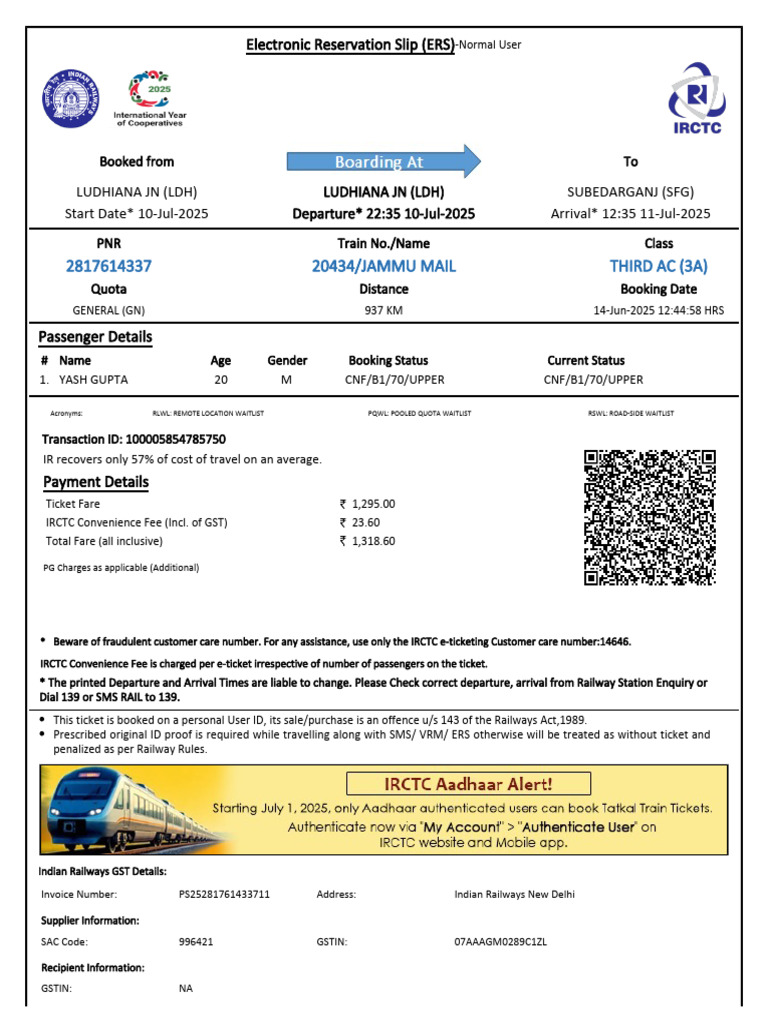 20434/JAMMU MAIL Third Ac (3A) | PDF | Identity Document | Payments