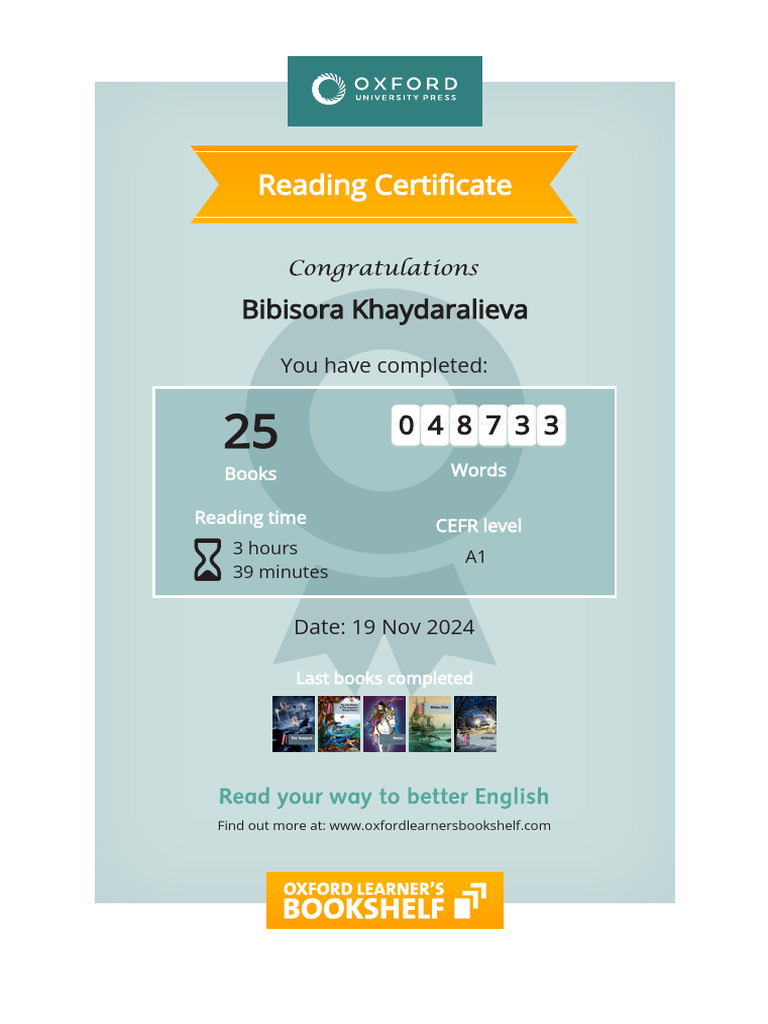 (Reading Certificate) Bibisora Khaydaralieva 19 Nov 2024 | PDF