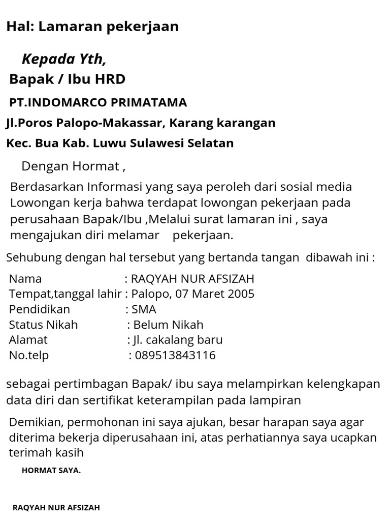 Lamaran Pekerjaan Raqyah Nur Afsizah | PDF