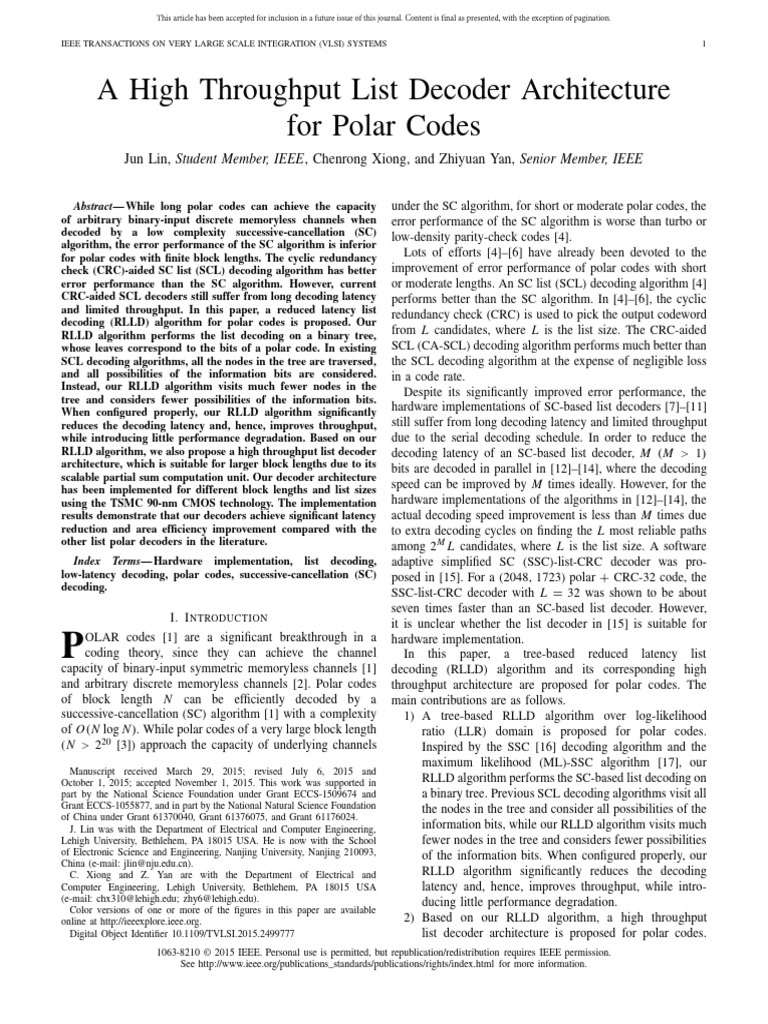 A High Throughput List Decoder Architecture For Polar Codes | PDF | Code | Low Density Parity ...
