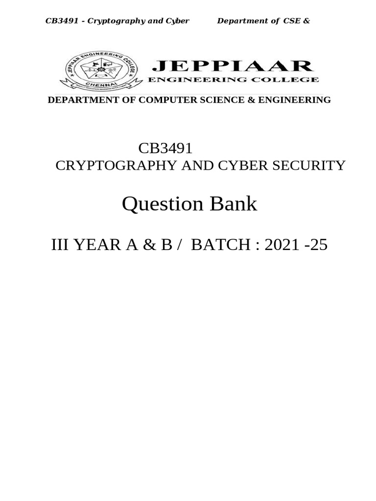 Cb3491 Crptography and Cyber Security | PDF | Key (Cryptography) | Cryptography