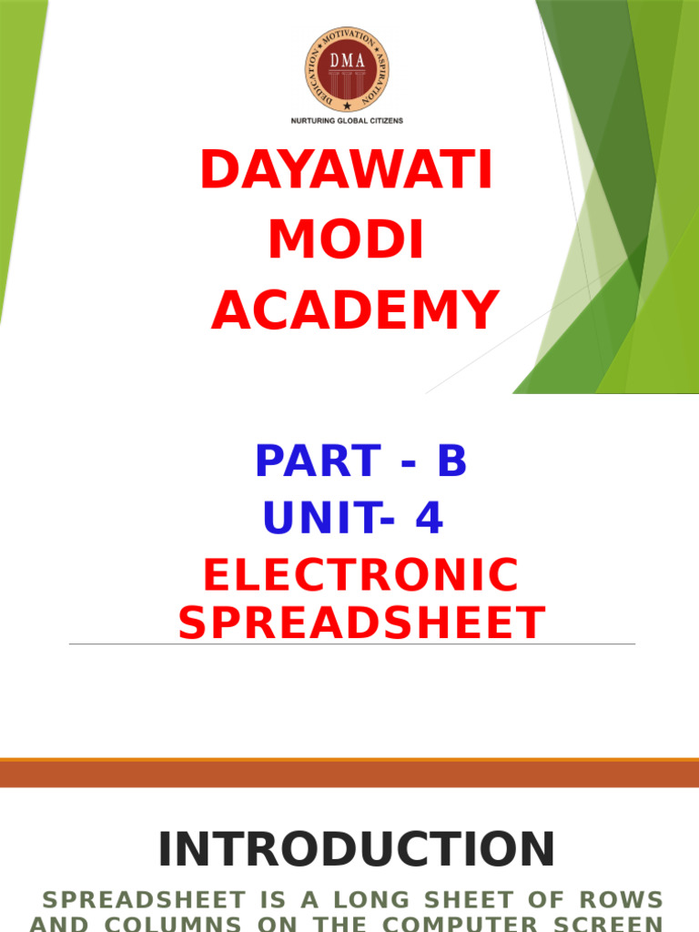 Unit - 4 Electronic Spreadsheet Part - I | PDF | Spreadsheet | Menu (Computing)