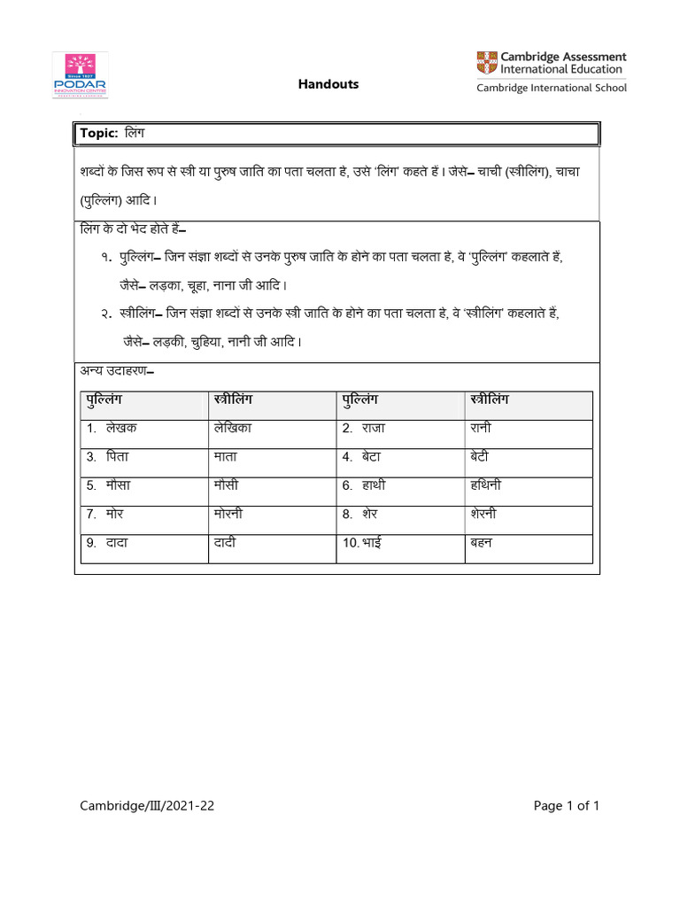 Handouts CAIE III Hindi Ling | PDF