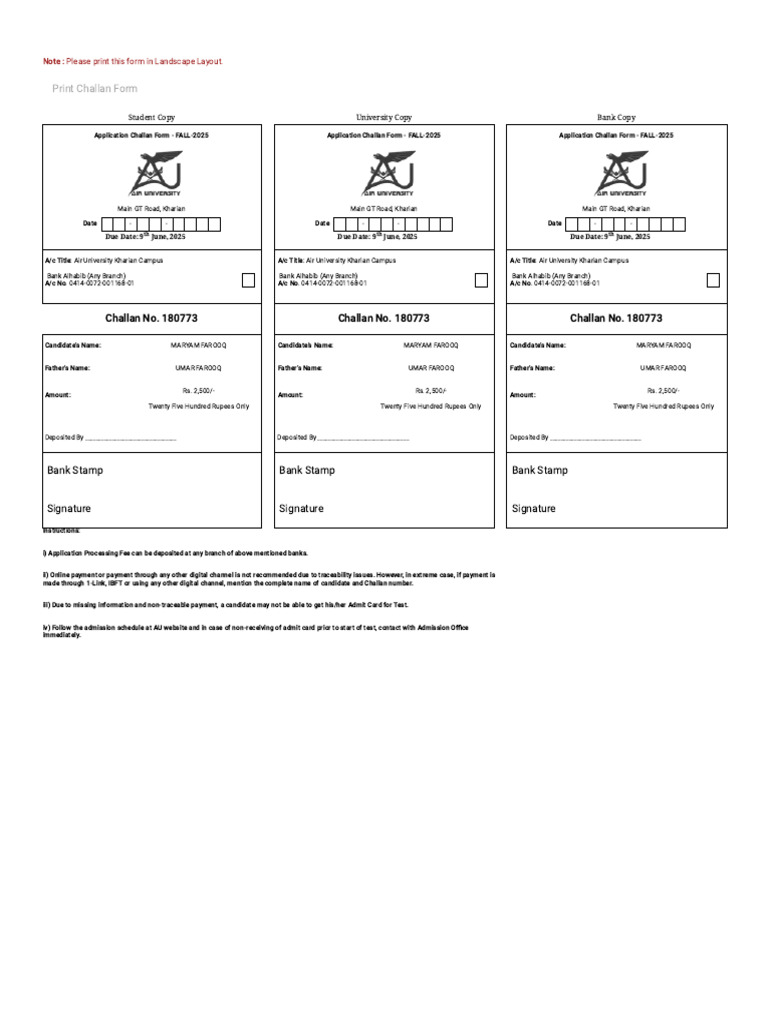 Challan Form - Air University | PDF | Payments | Service Industries