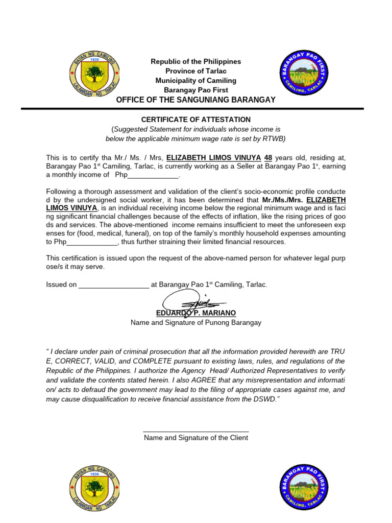 Certificate of Attestation for Low Income | PDF | Economies