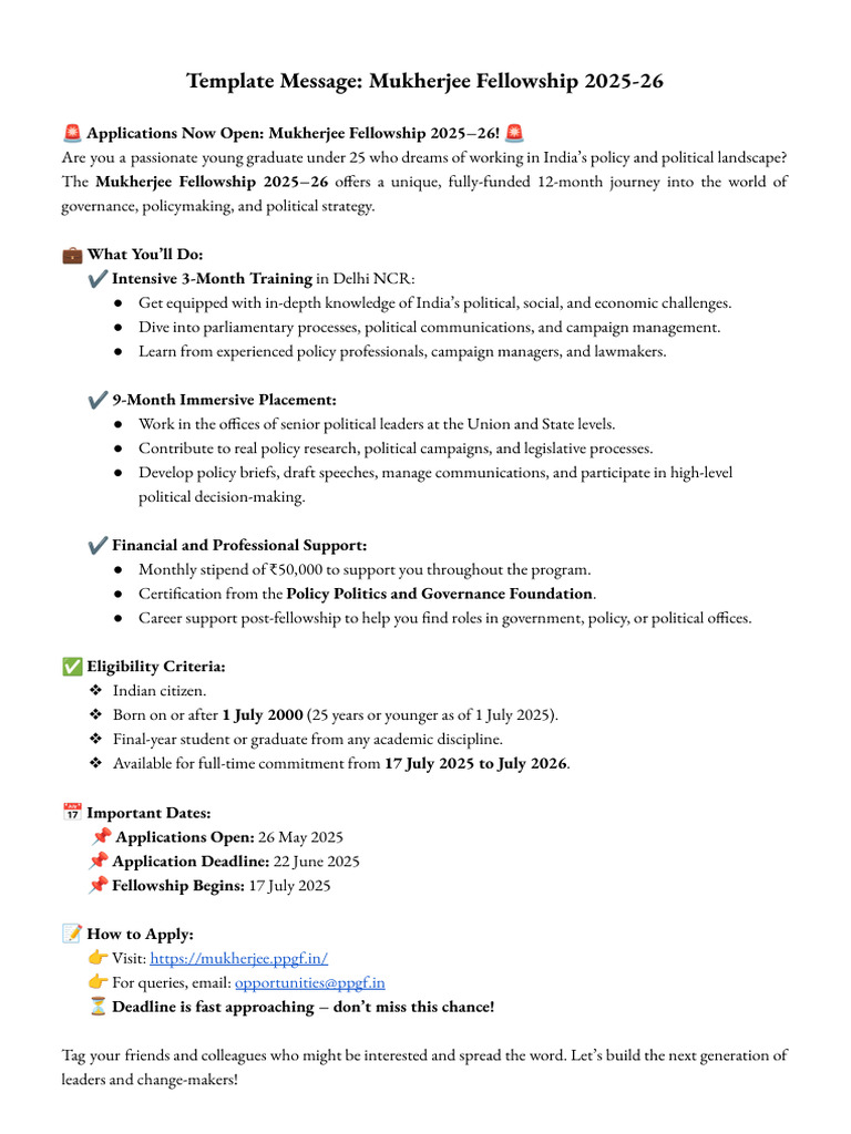 Template Message-Mukherjee Fellowship | PDF