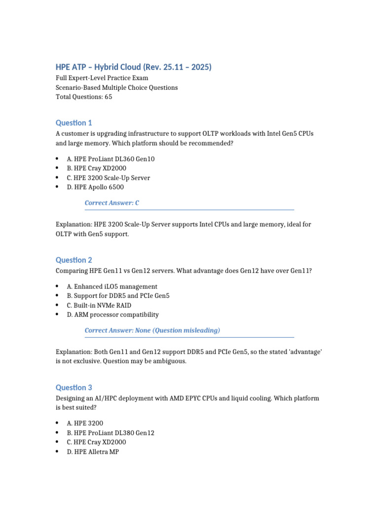 HPE Hybrid Cloud Practice Exam Q1-65 Answers Partial | PDF | Cloud Computing | Supercomputer