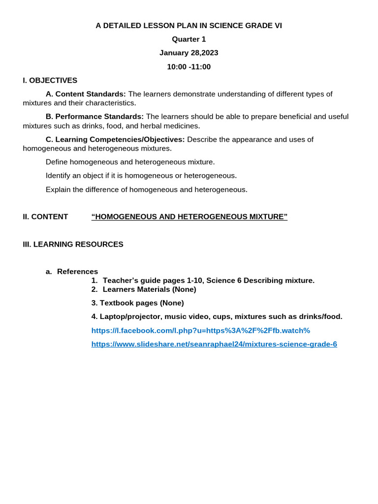 A Detailed Lesson Plan in Science Grade v1 | PDF | Mixture ...