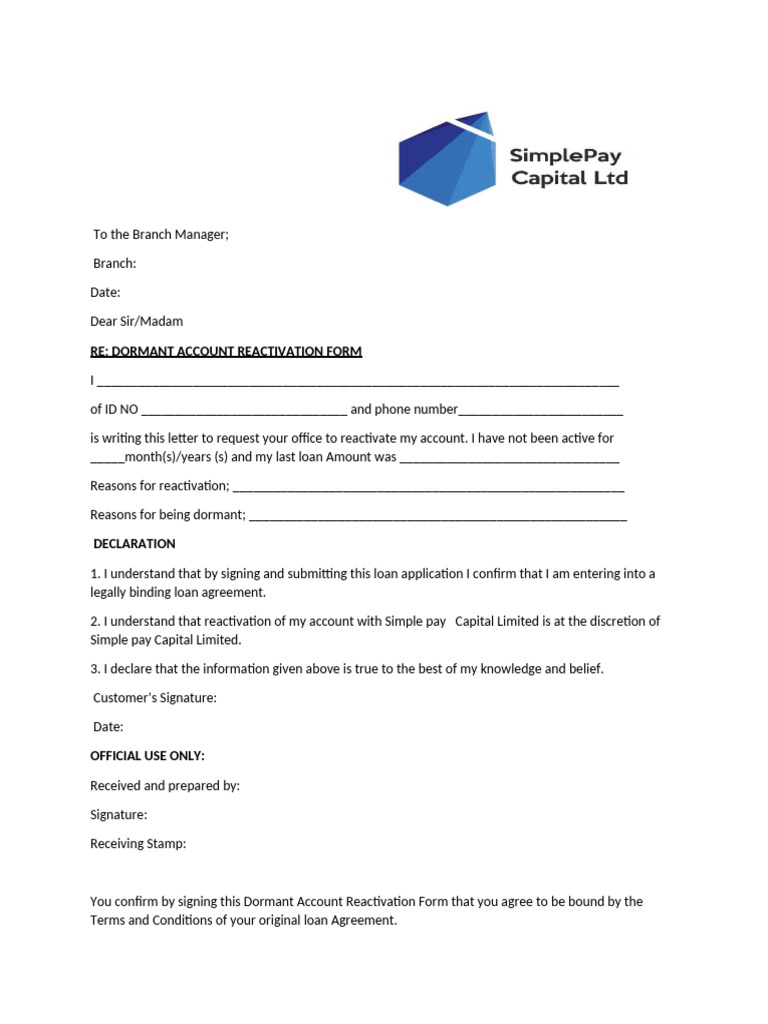 Dormant Account Reactivation Request Form | PDF