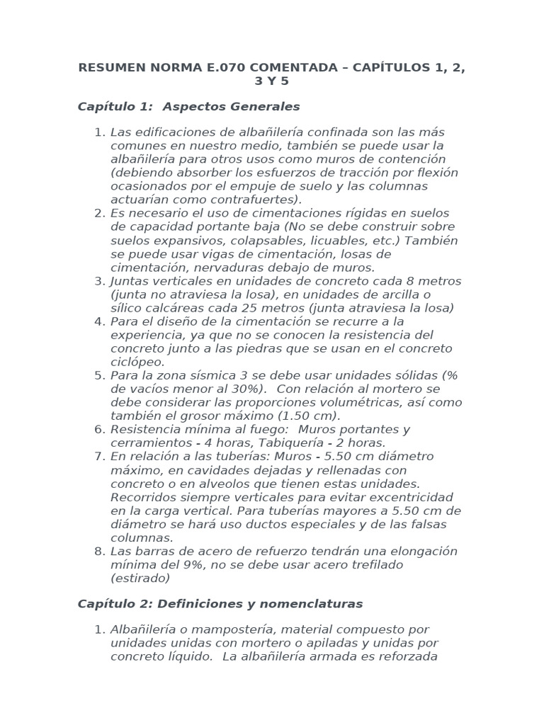Capítulo 1, 2, 3 y 5 E.070 | PDF | pared | Albañilería
