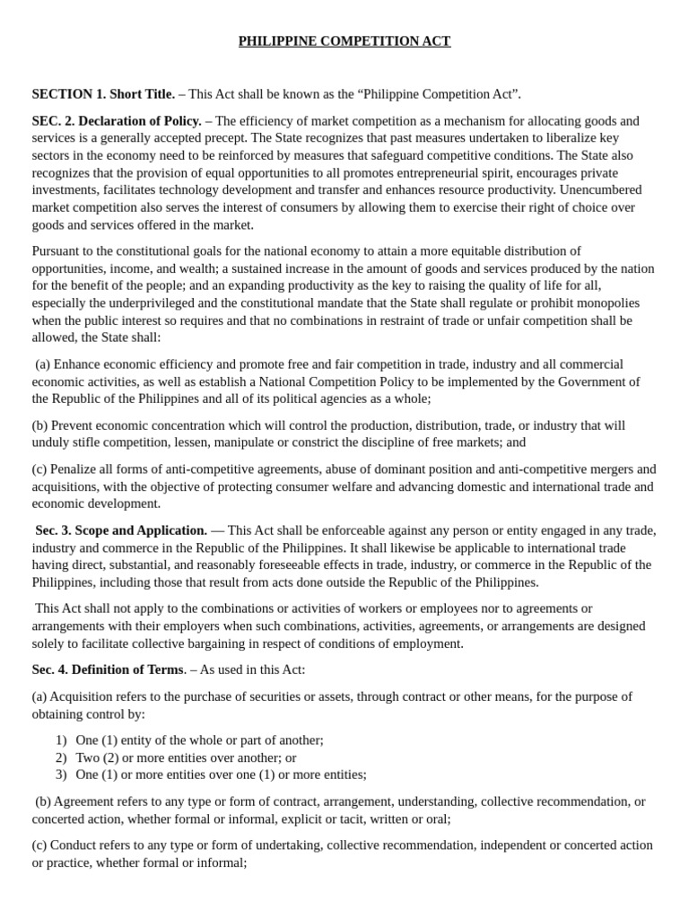 Summary of RA 10667: Competition Act | PDF | Mergers And Acquisitions ...