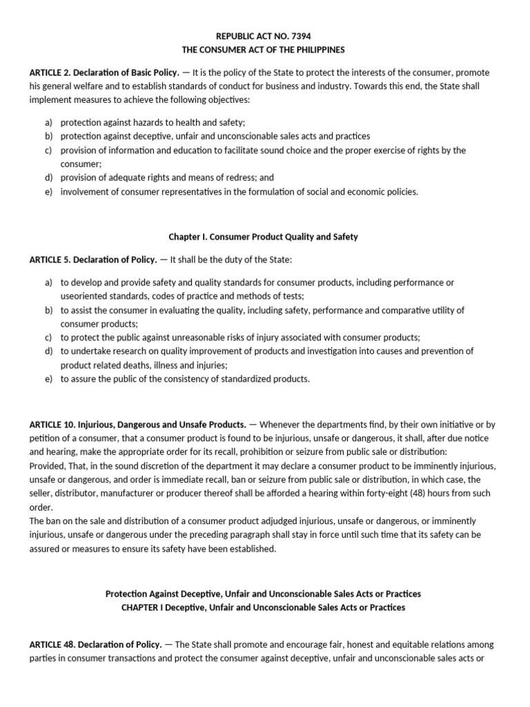 Summary of RA 7394: Consumer Act | PDF | Implied Warranty | Justice