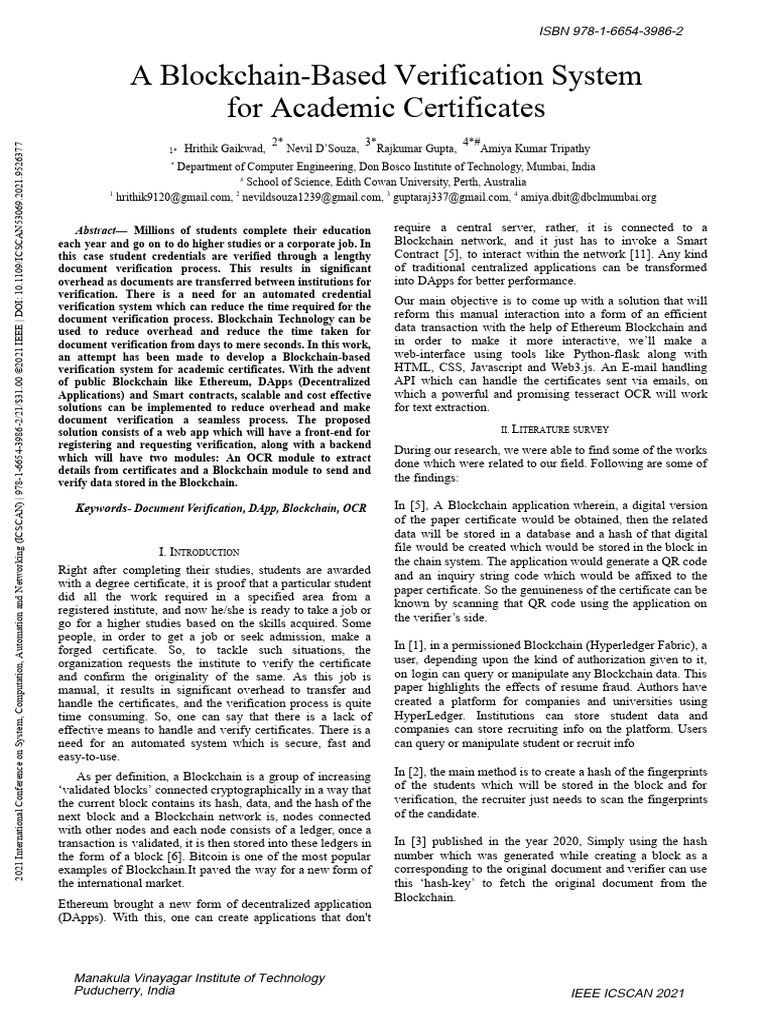 A Blockchain-Based Verification System For Academic Certificates | PDF ...