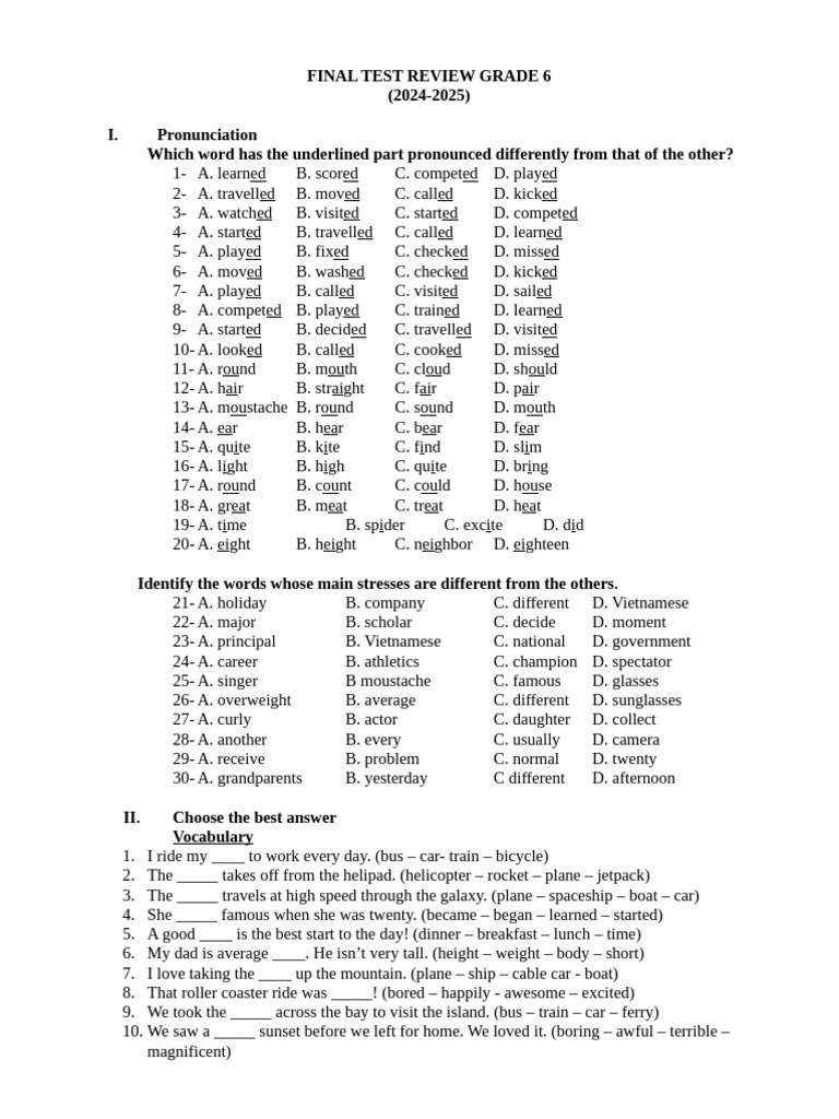 Grade 6 Final Test Review 2024-2025 | PDF