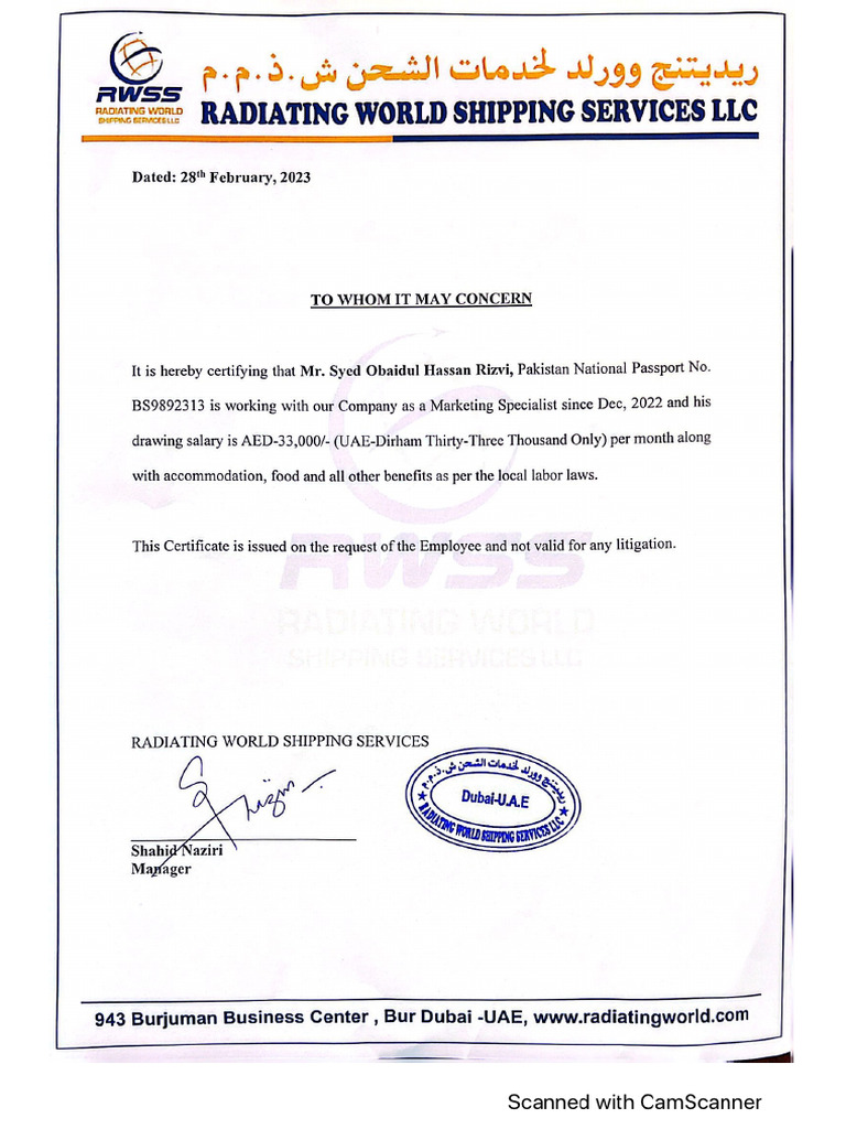 Syed Rizvi - Salary Certificate | PDF