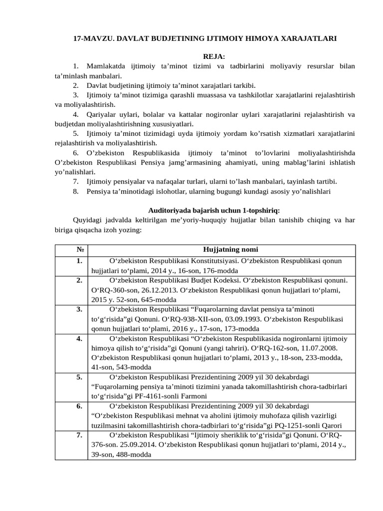 17-Mavzu. Davlat Budjetining Ijtimoiy Himoya Xarajatlari | PDF