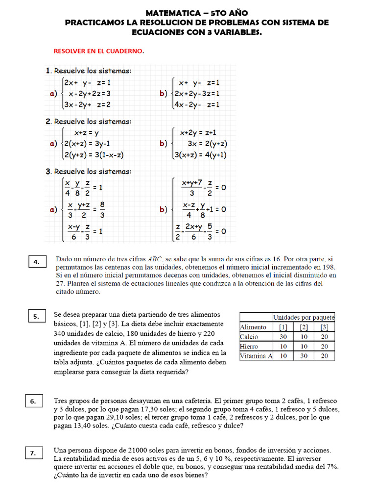 Practica de Sistema de Ecuaciones Con 3 Variables | PDF
