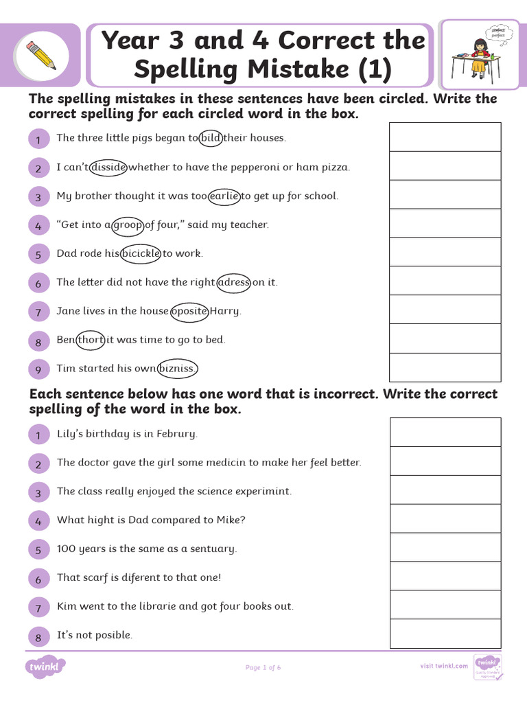 t2 e 2272 Correct The Spelling Mistakes Worksheet Pack Year 3 4 Ver 8 | PDF