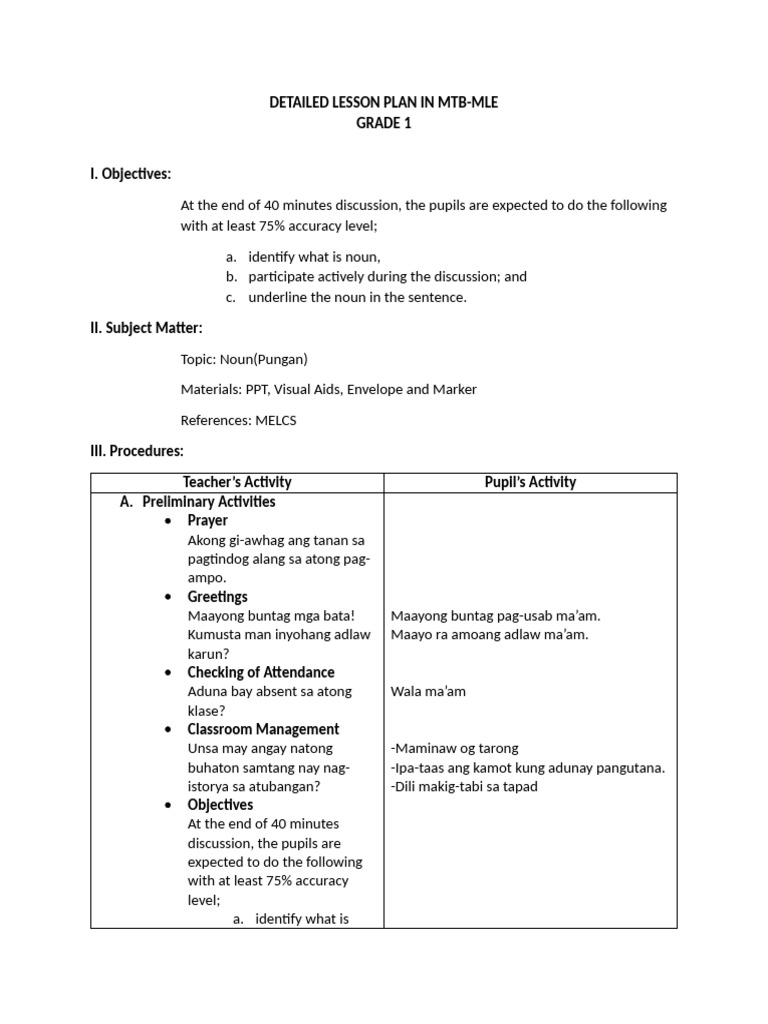 Detailed Lesson Plan in MTB 1 | PDF