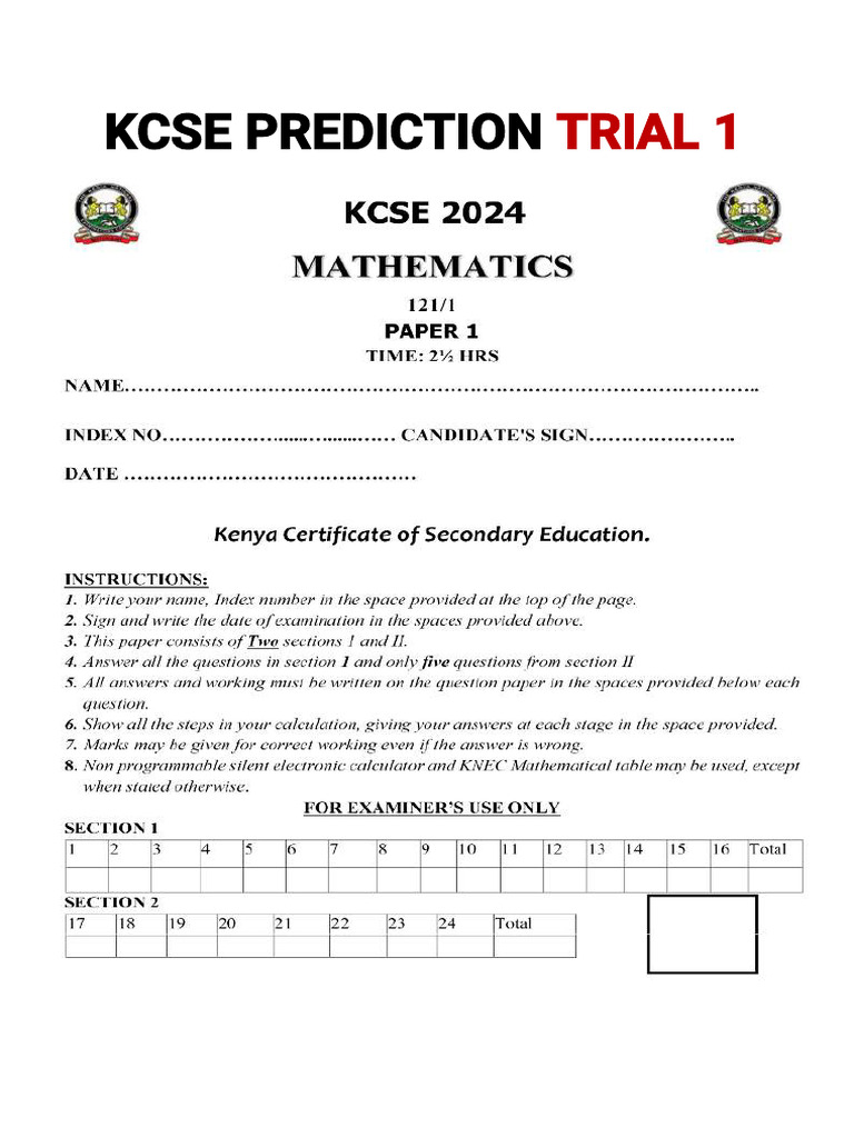 KCSE 2024 Mathematics Prediction Trial | PDF | Circle | Area