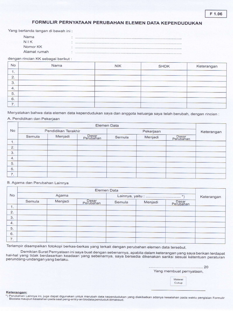Formulir Pernyataan Perubahan Elemen Data Kependudukan1 | PDF