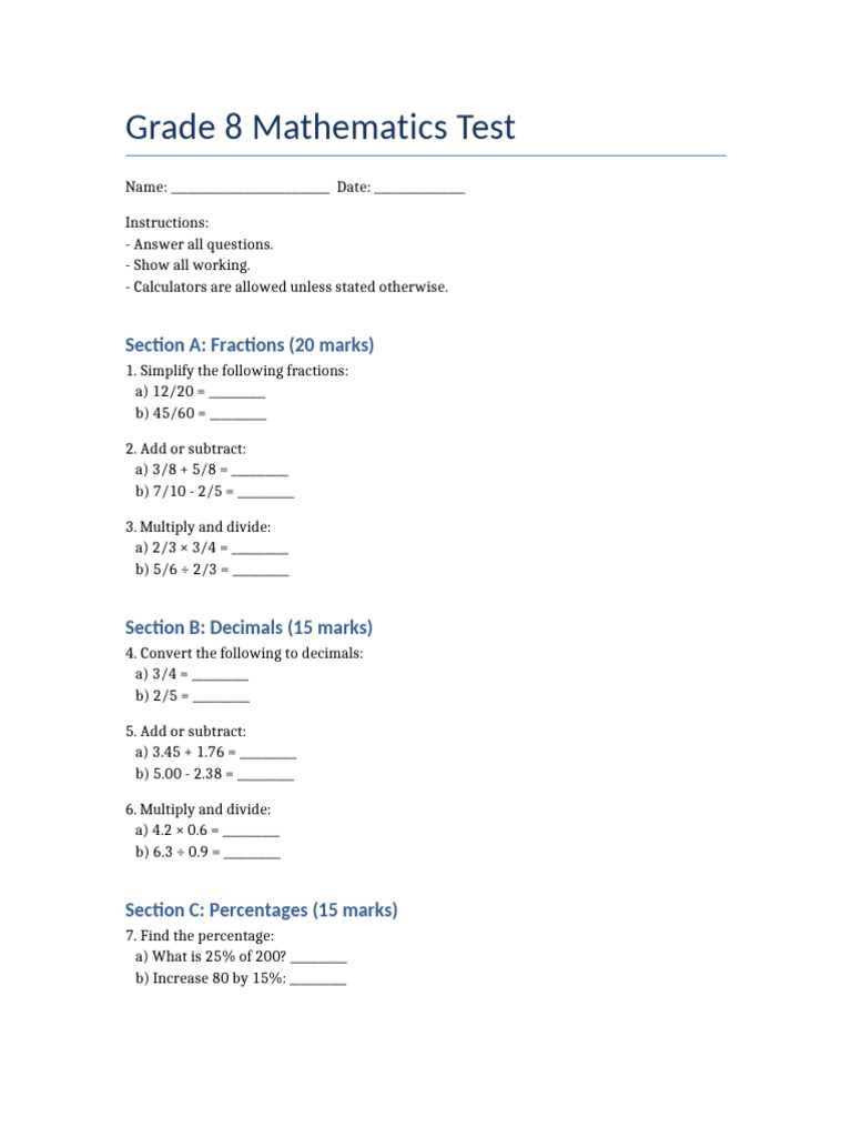 Grade 8 Math Test | PDF
