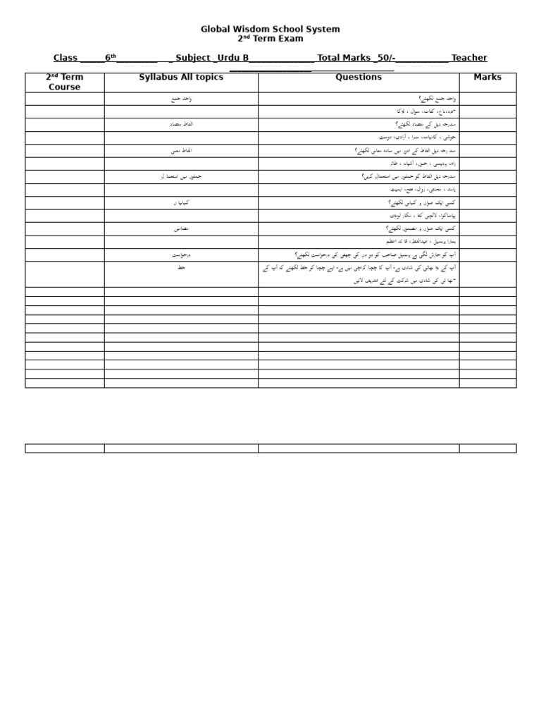 6th Urdu B | PDF