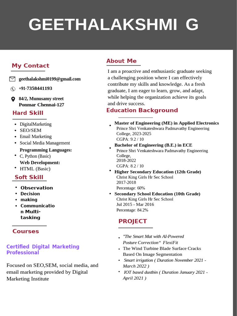 Geethalakshmi Resume 2k25 | PDF