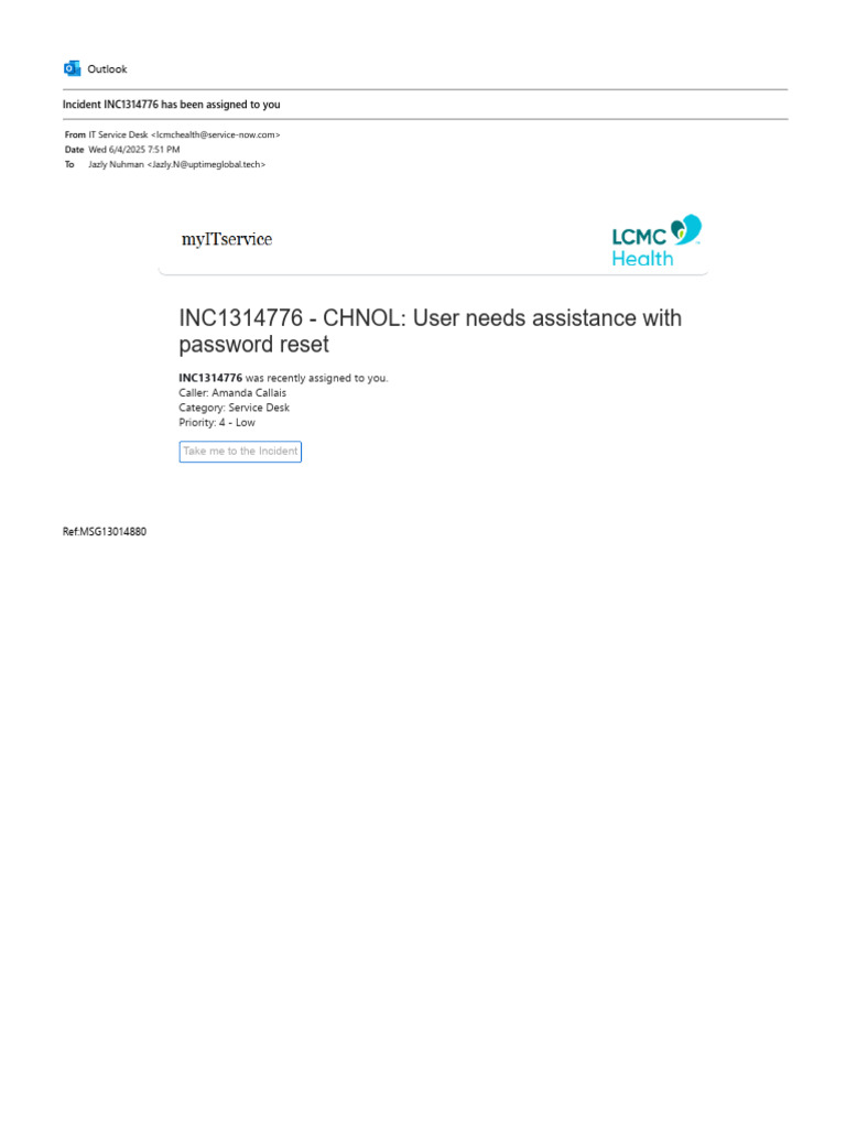 INC1314776 - CHNOL: User Needs Assistance With Password Reset | PDF