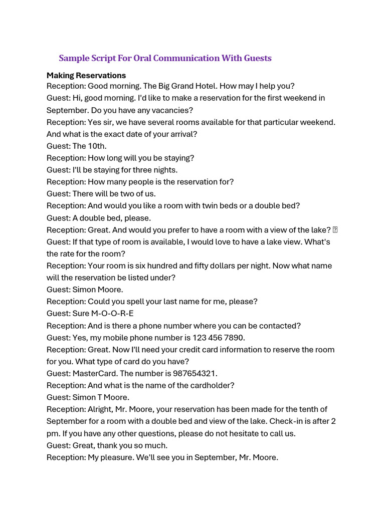 PDF Sample Script Oral Communication With Guests | PDF