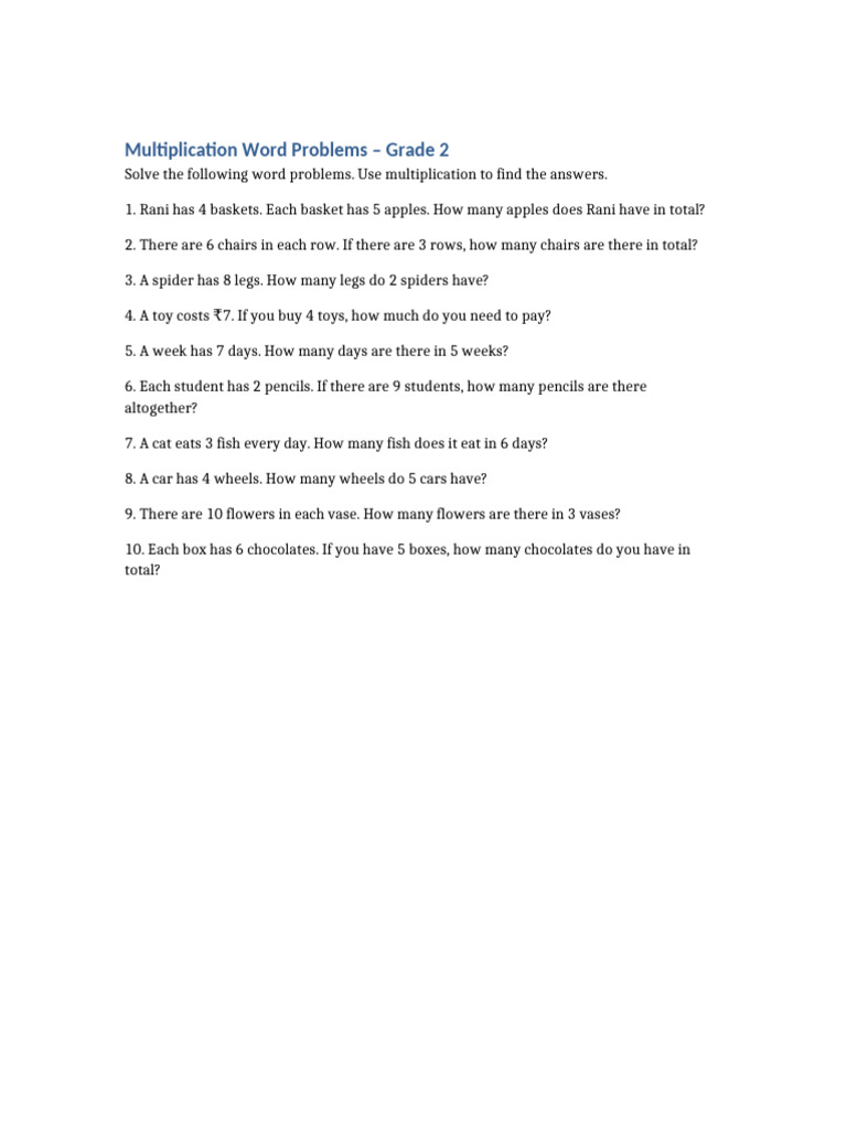 Grade 2 Multiplication Word Problems | PDF
