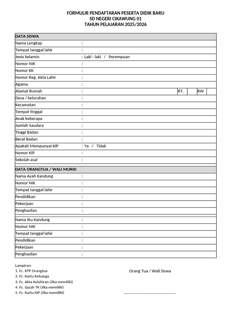 Pendaftaran Siswa Baru SD Cikawung 2025/2026 | PDF