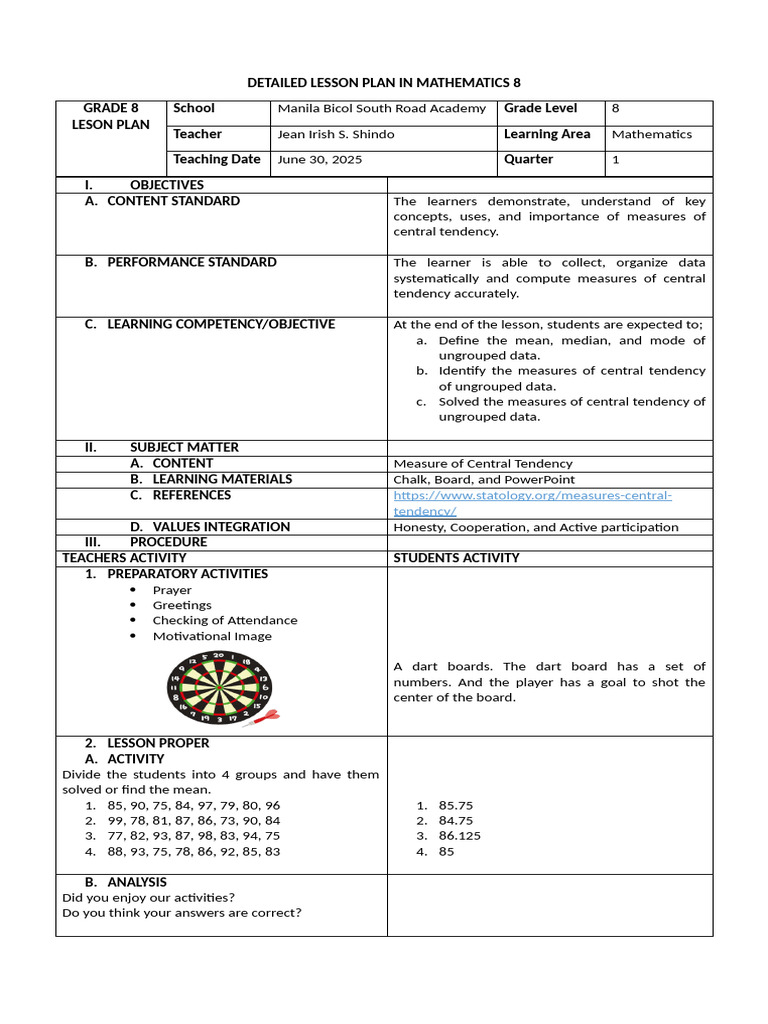 Grade 8 Mathematics Lesson Plan: Central Tendency | PDF | Mean | Lesson Plan