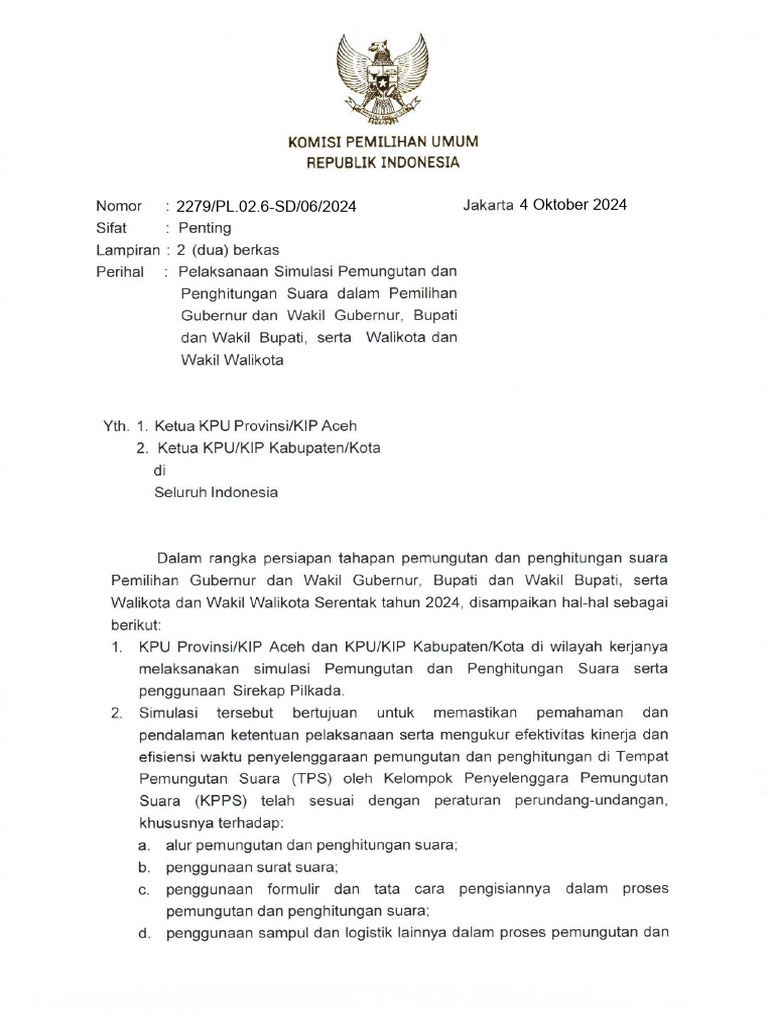 2279 SD Ketua Ke Ketua KPU Provinsi KIP Aceh Ketua KPU KIP Kabupaten Kota Pelaksanaan Simulasi ...