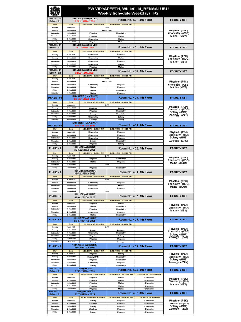 Time Table - Whitefield - 2025-26 - Updated VP Batches TT Week No.24 | PDF | Natural Sciences ...