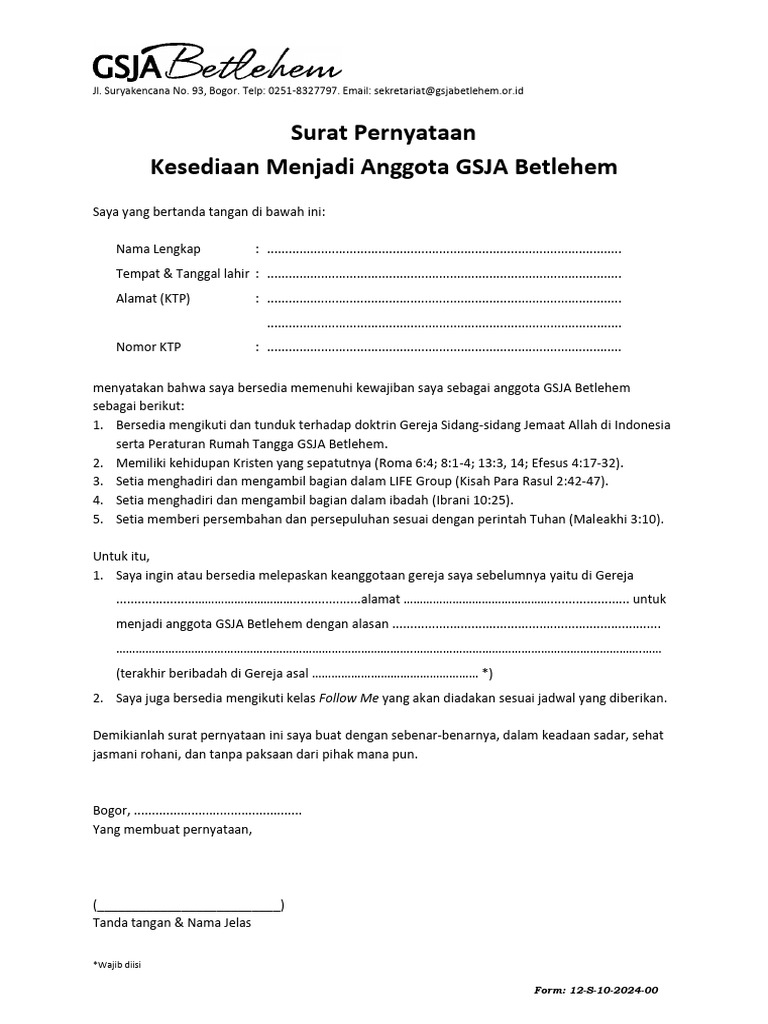 Surat Pernyataan Kesediaan Menjadi Anggota GSJA Betlehem New | PDF