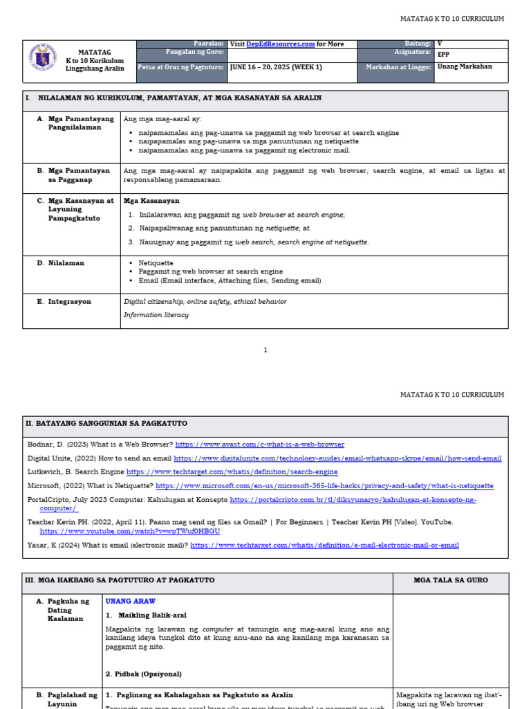 DLL Matatag - Epp 5 q1 w1 | PDF