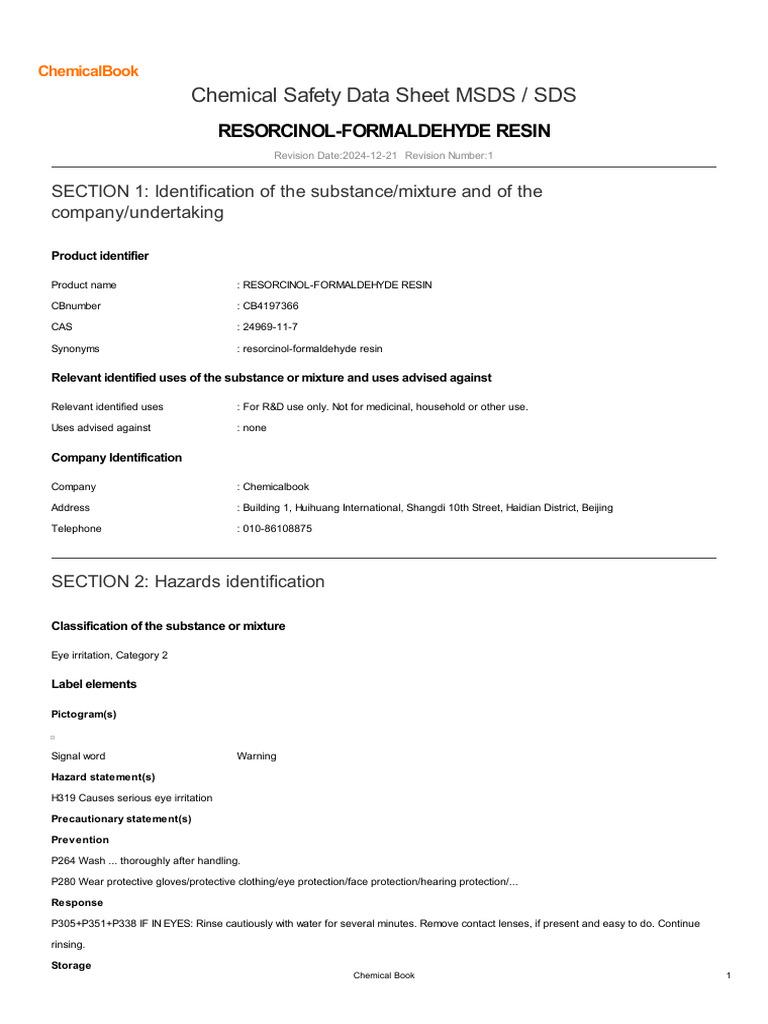 Resorcinol Formaldehyde Resin | PDF | Dangerous Goods | Toxicity