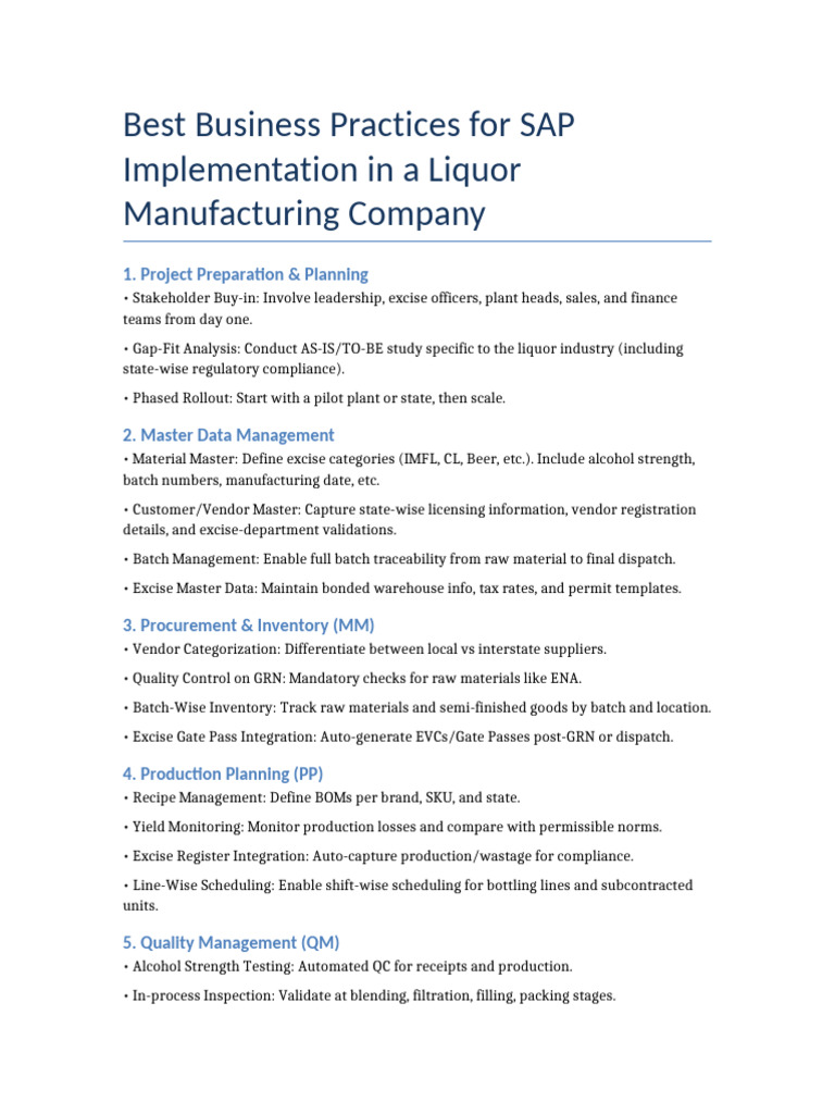 SAP Implementation Best Practices Liquor Industry | PDF | Excise | Taxation