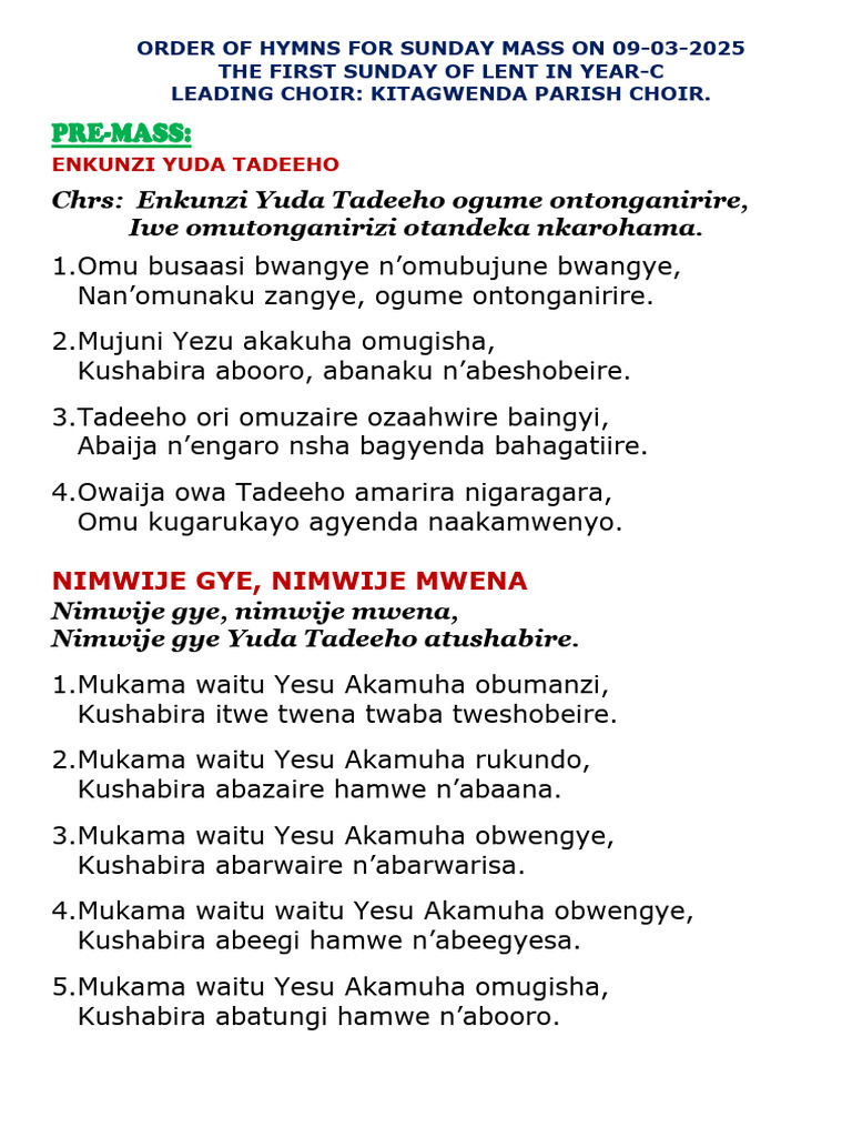 Order of Hymns-Kitagwenda Parish | PDF | Mass (Liturgy)