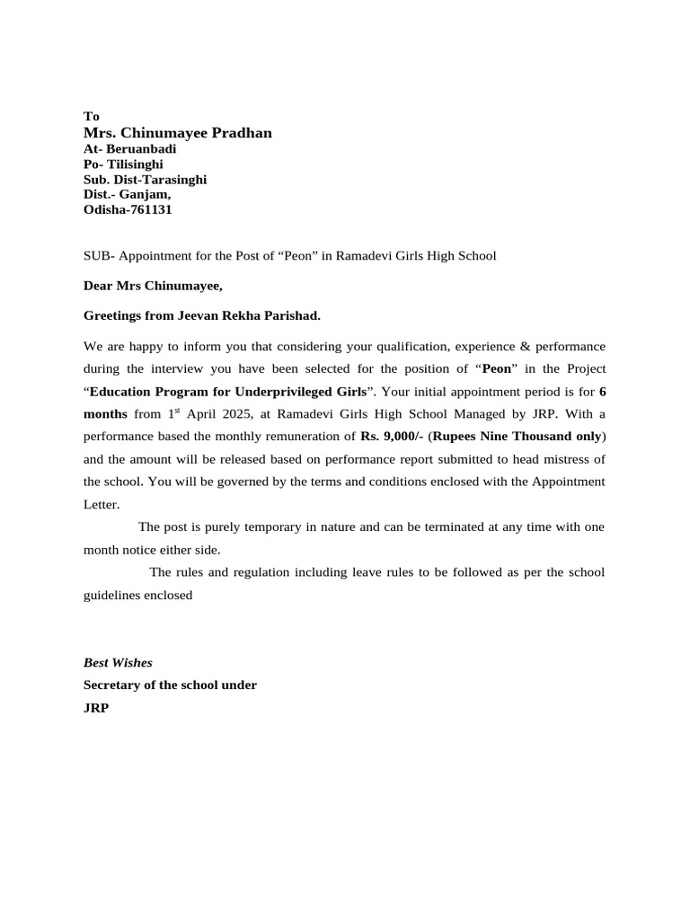 Appointment Letter for Peon Position | PDF