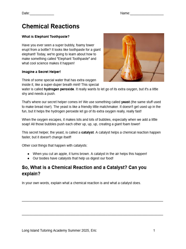 Elephant Toothpaste Lesson (EASY) | PDF | Catalysis | Chemistry