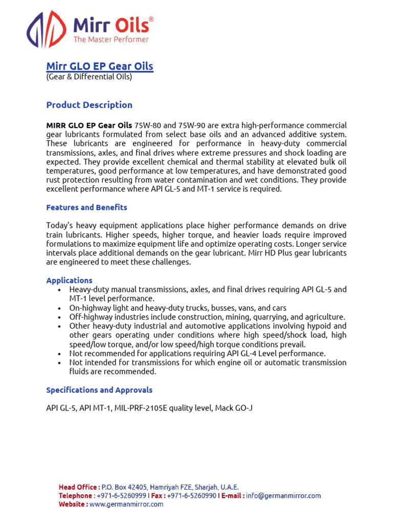 Mirr Glo Ep Gear Oil API Gl-5 Sae 75w-80 & 75w-90 Pds | PDF | Vehicles ...