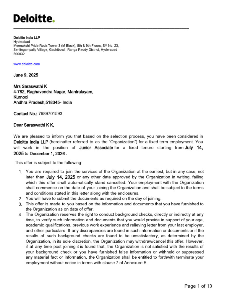Saraswarthi Deloitte Offer Letter | PDF | Employment | Insurance