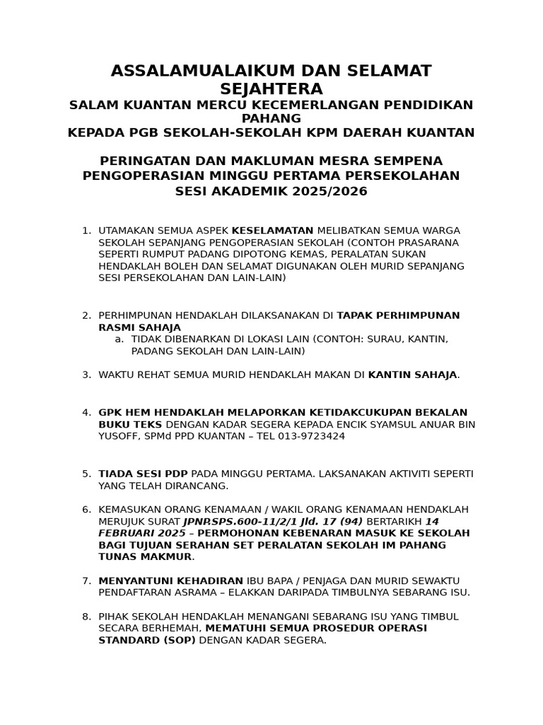 Pengoperasian Minggu Pertama Persekolahan | PDF